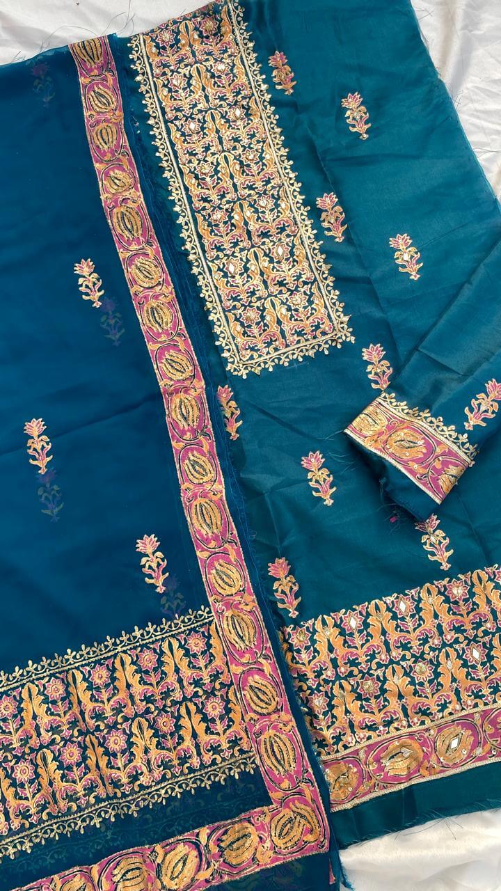 Zinc Blue Embellished Katan Silk Suit – Faux By Amna