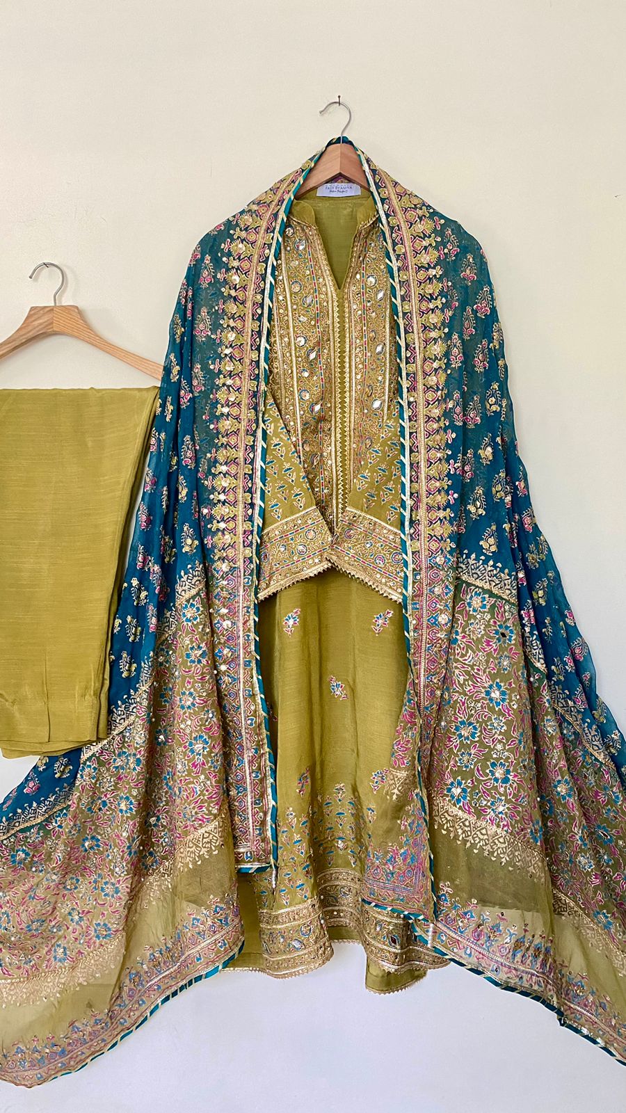 Stitched Dhani Green & Teal Embellished Raw Silk Suit – Faux By Amna