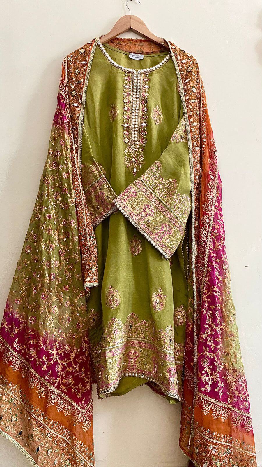 Stitched Dhani Green & Three Shaded Dupatta Raw Silk Suit – Faux By Amna